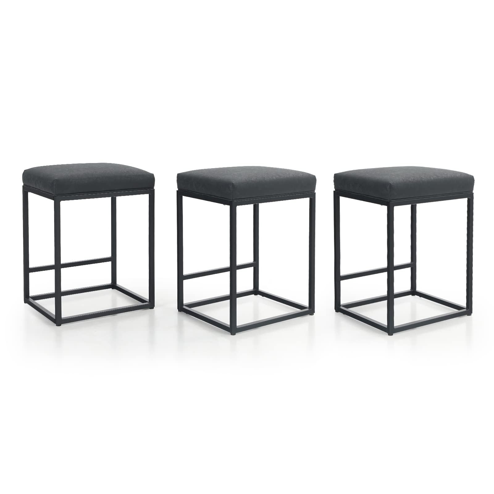 Sophia & William Counter Height 24" Bar Stools Set of 3 Backless Bar Stools for Kitchen Island,Modern PU Leather Square Bar Stools with Metal Steel Frame & Footrest,Black