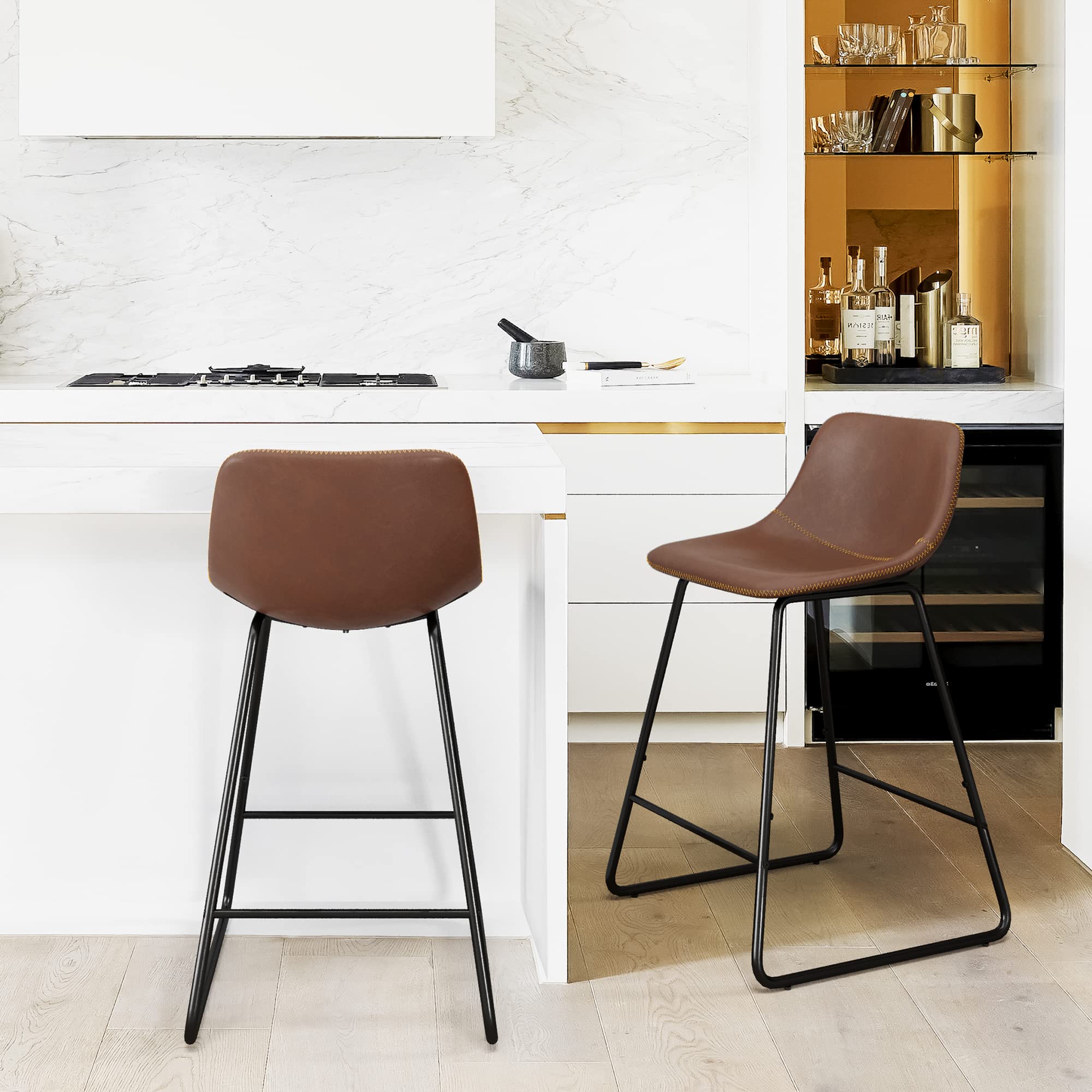 LUE BONA Bar Stools Set of 3, 24" ALX Faux Leather Barstools, Modern Counter Height Stools with Back and Metal Legs, Armless Counter Chairs for Kitchen Island, Brown