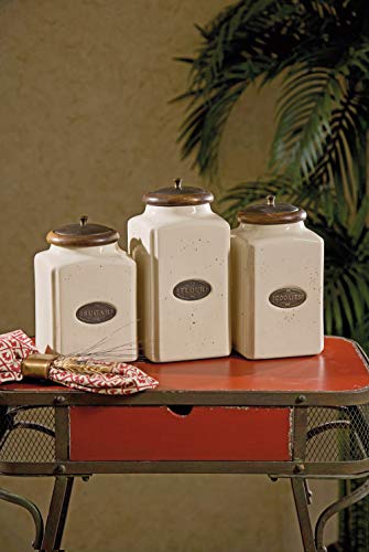 CC Home Furnishings Set of 3 Labeled Ivory Ceramic Kitchen Canisters with Lids Brown, 9-10-11"h x 5"w x 5"