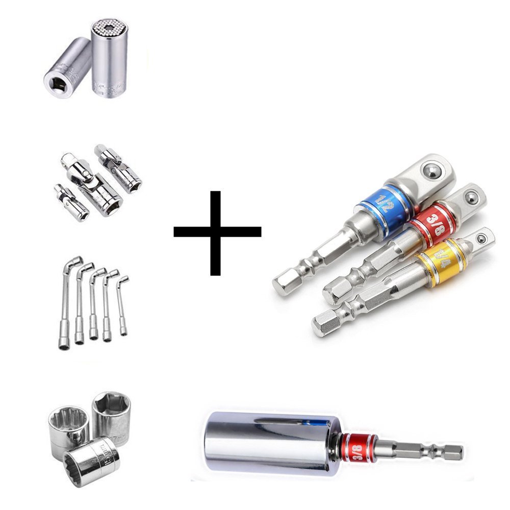 Impact Grade Socket Wrench Adapter Extension Set Turns Power Drill Into High Speed Nut Driver,Hex Shank Bit Square Power Drill Cordless Impact Sockets Bit Set,Sizes 1/4" 3/8" 1/2",Cr-V,Black,3-Piece