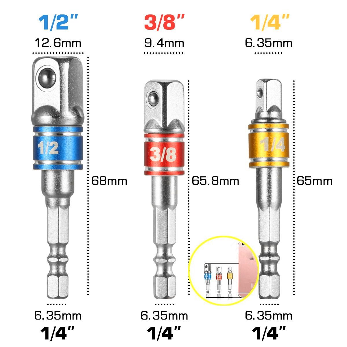 Impact Grade Socket Wrench Adapter Extension Set Turns Power Drill Into High Speed Nut Driver,Hex Shank Bit Square Power Drill Cordless Impact Sockets Bit Set,Sizes 1/4" 3/8" 1/2",Cr-V,Black,3-Piece
