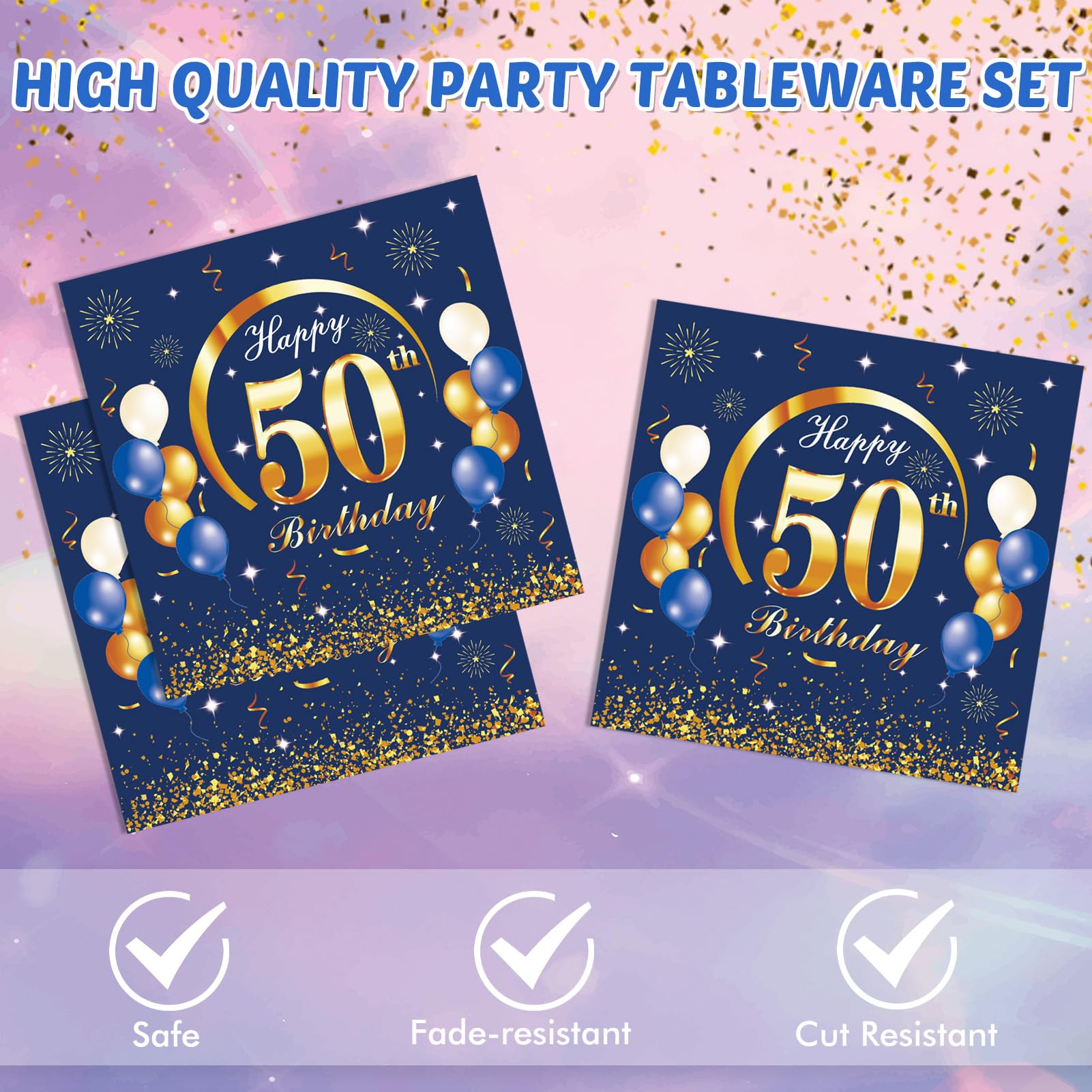 40 PCS Blue Gold 50th Birthday Party Decorations 50th anniversary decorations Disposable Dinnerware Set Include Plates Napkins for Man 50 Years Old Party Decor