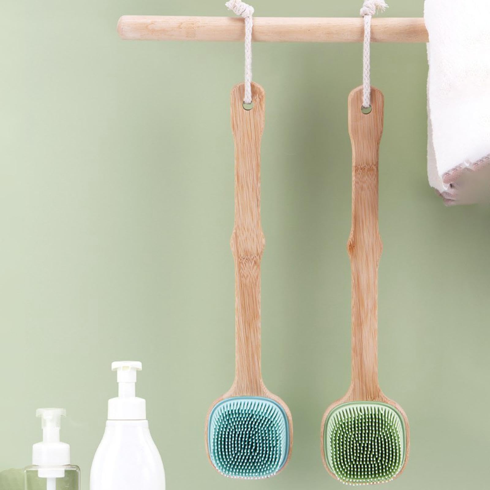 TOOYFUL Shower Brush Back Scrubber for Shower, Cleaning Skin Wet Brushing, Dual Sided Long Handle Back Scrubber, Bath Brush for Lotion Body,Women Men, Green, 32.5cmx7.1cm
