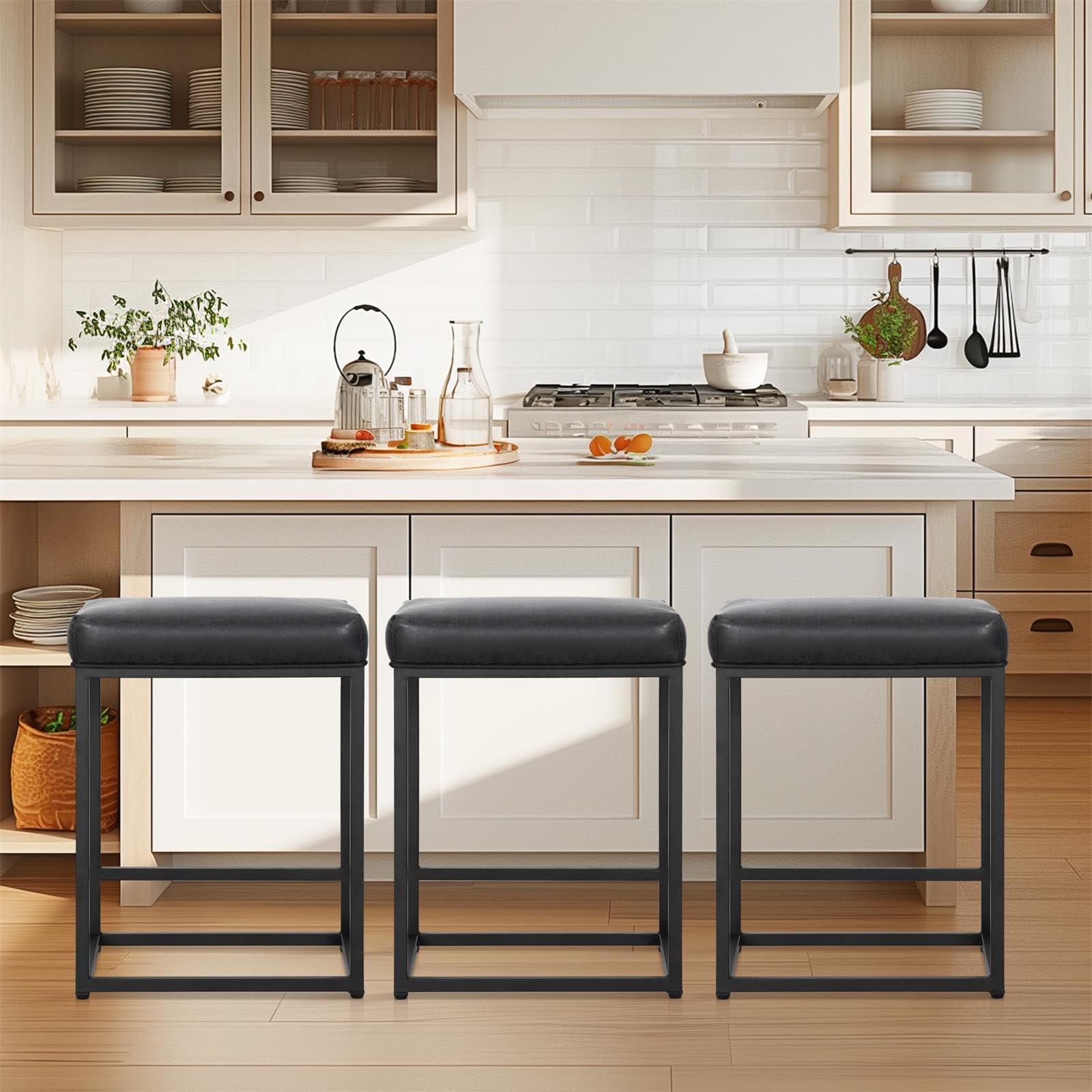 Sophia & William Counter Height 24" Bar Stools Set of 3 Backless Bar Stools for Kitchen Island,Modern PU Leather Square Bar Stools with Metal Steel Frame & Footrest,Black