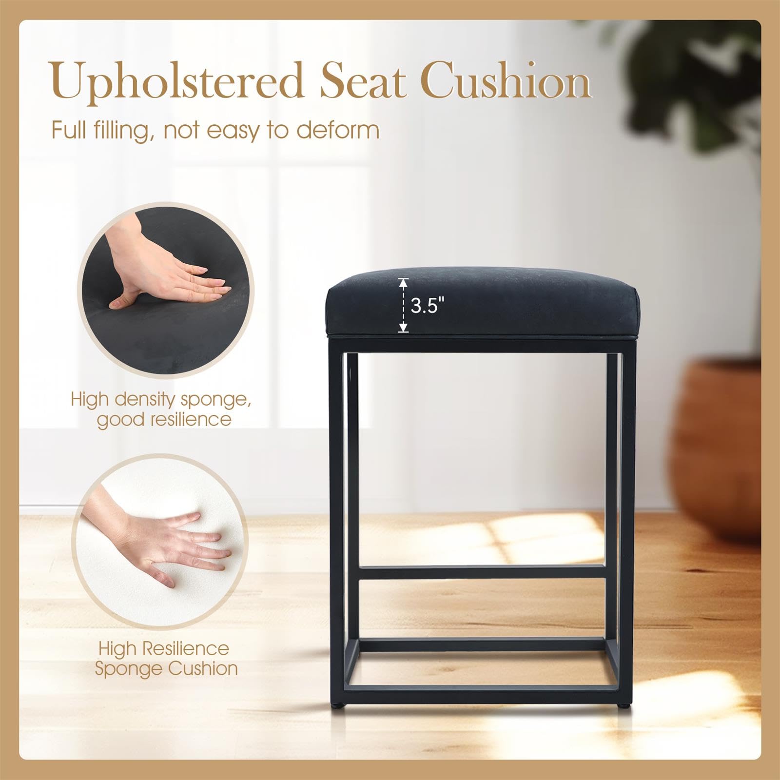 Sophia & William Counter Height 24" Bar Stools Set of 3 Backless Bar Stools for Kitchen Island,Modern PU Leather Square Bar Stools with Metal Steel Frame & Footrest,Black