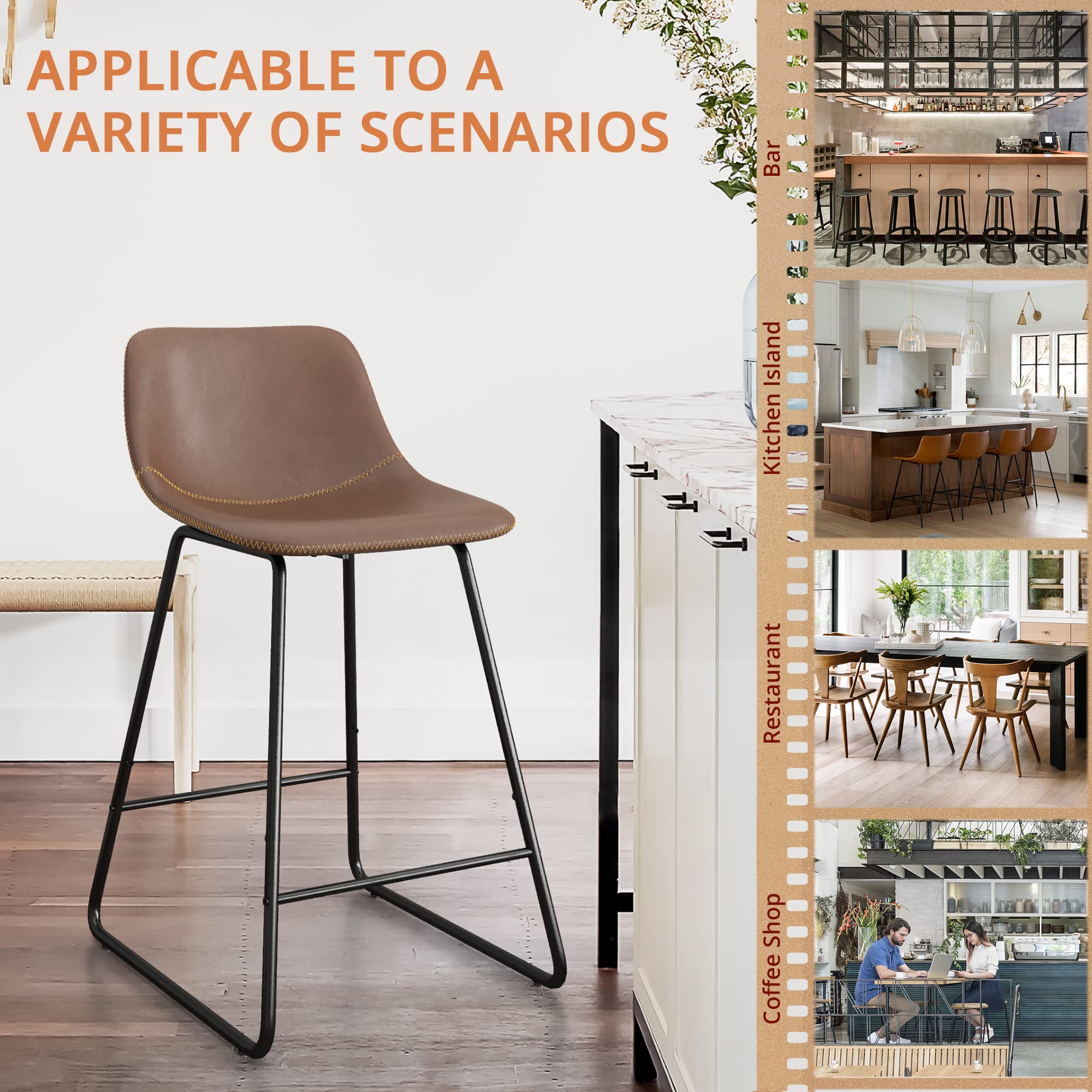 LUE BONA Bar Stools Set of 3, 24" ALX Faux Leather Barstools, Modern Counter Height Stools with Back and Metal Legs, Armless Counter Chairs for Kitchen Island, Brown