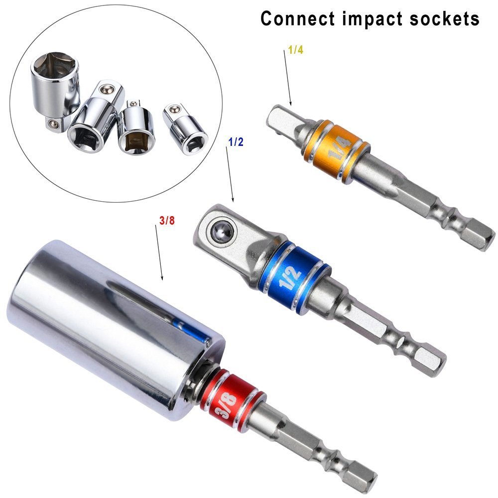 Impact Grade Socket Wrench Adapter Extension Set Turns Power Drill Into High Speed Nut Driver,Hex Shank Bit Square Power Drill Cordless Impact Sockets Bit Set,Sizes 1/4" 3/8" 1/2",Cr-V,Black,3-Piece