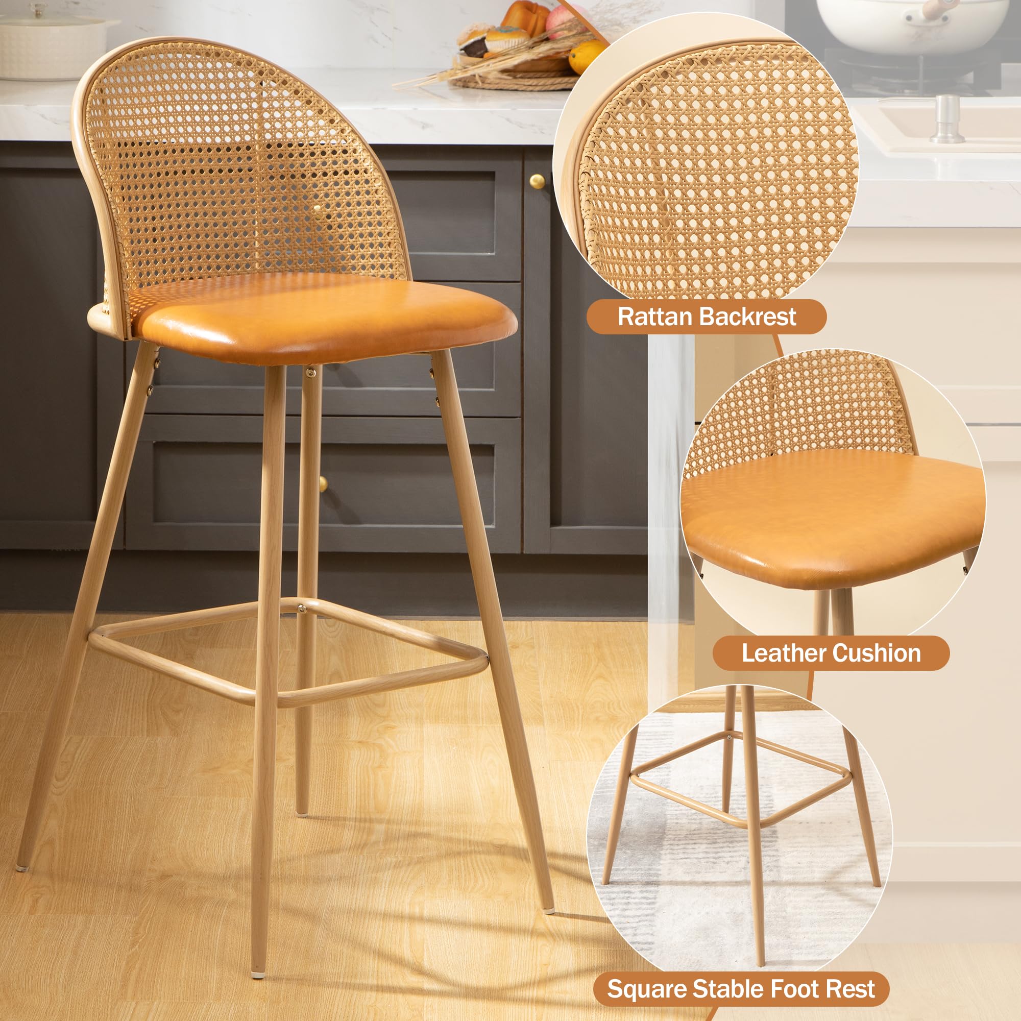 SICOTAS Rattan Bar Stools Set of 2 - Boho Counter Height Barstools - 29" Armless Bar Stools for Kitchen Island - Farmhouse Bar Stools with Back and Leather Cushion - Vintage Design Tall Kitchen Chairs