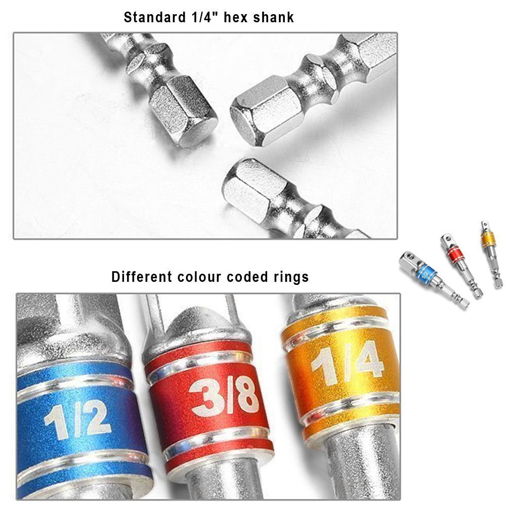 Impact Grade Socket Wrench Adapter Extension Set Turns Power Drill Into High Speed Nut Driver,Hex Shank Bit Square Power Drill Cordless Impact Sockets Bit Set,Sizes 1/4" 3/8" 1/2",Cr-V,Black,3-Piece