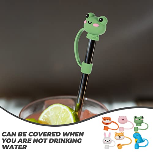 ABOOFAN 6pcs Silicone Straw Tips Covers Lovely Animals Drinking Straw Tips Reusable Rabbit Straw Toppers Dinosaurs Straw Plugs Caps for Easter Hawaii Kids Party Decor