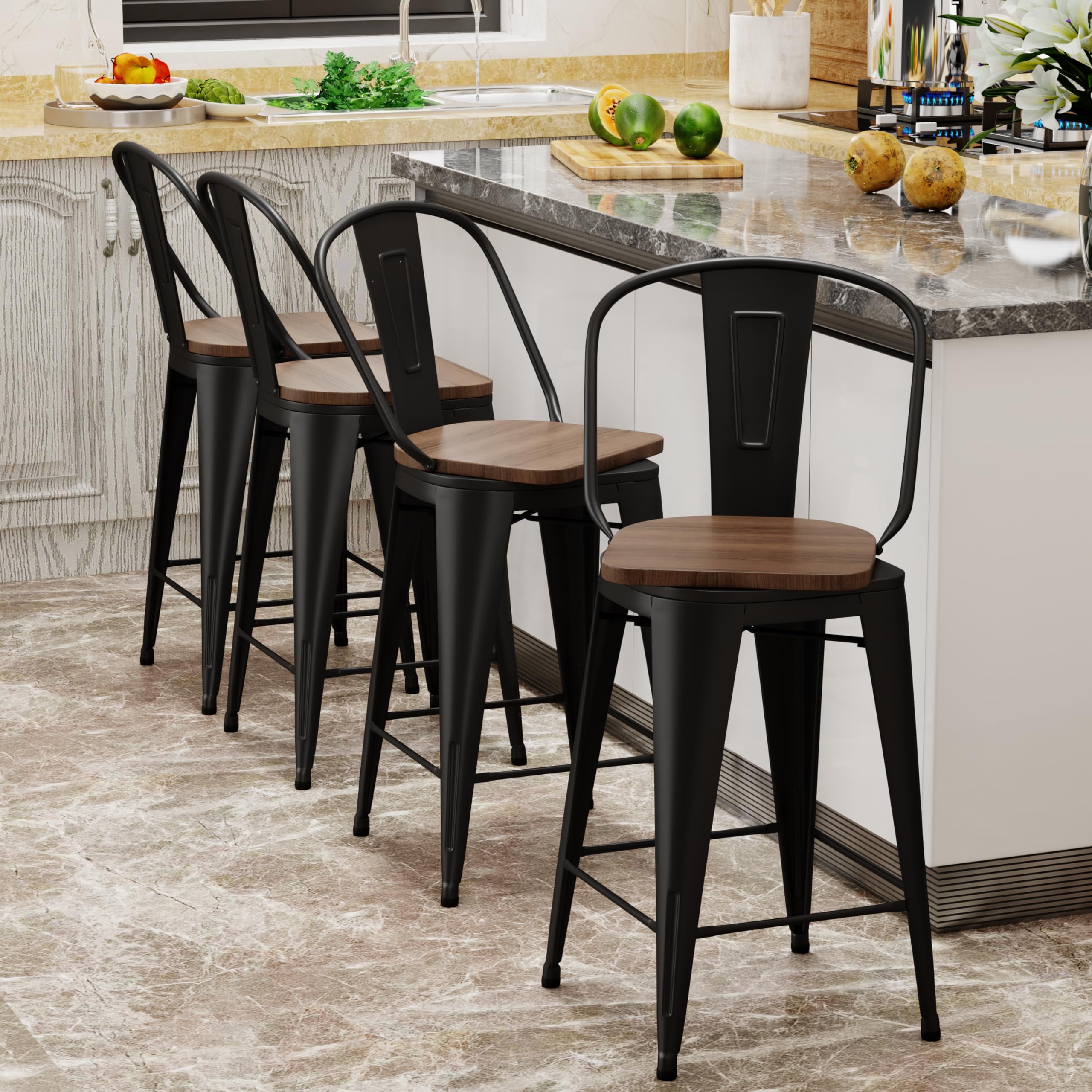 Aklaus Swivel Metal Bar Stools Set of 4 Counter Height Stools Counter Bar Stools with Back Swivel Metal Bar Chairs Wooded Seat 26 Inch Matte Black barstools