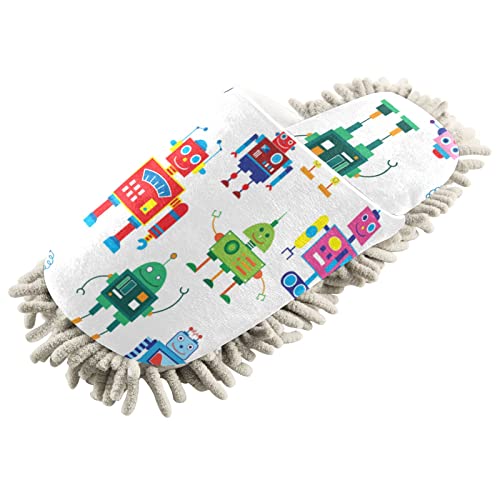 Microfiber Cleaning Slippers Cute Robots Washable Mop Shoes Slipper for Men/Women House Floor Dust Cleaner, Size L