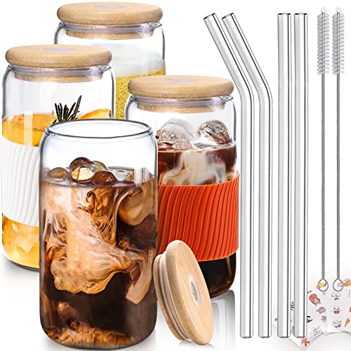 YYC Glass Cups with Lids and Straws 4pcs[Coffee Accessories Gifts],16oz Iced Coffee Cups with Lids-Beer Can Glass with Lids and Straw,Cute Glass Cups Drinking Glasses Set w Silicone Sleeve/Stickers