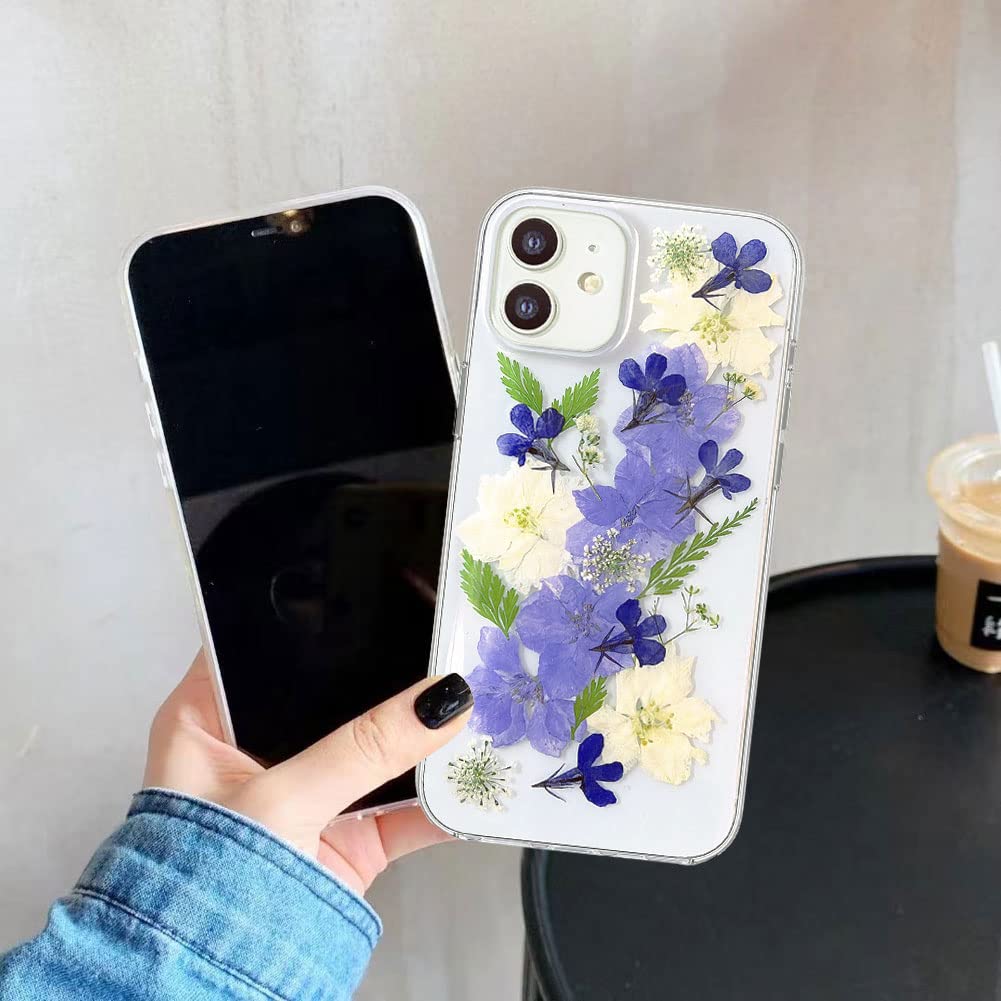 Abbery Designed for iPhone 12 Mini Case Pressed Flower Cute Clear with Design Soft Silicon TPU Rubber Dired Real Flroal Girl Woman Aesthetic Case for iPhone 12 Mini (Navy Flower)