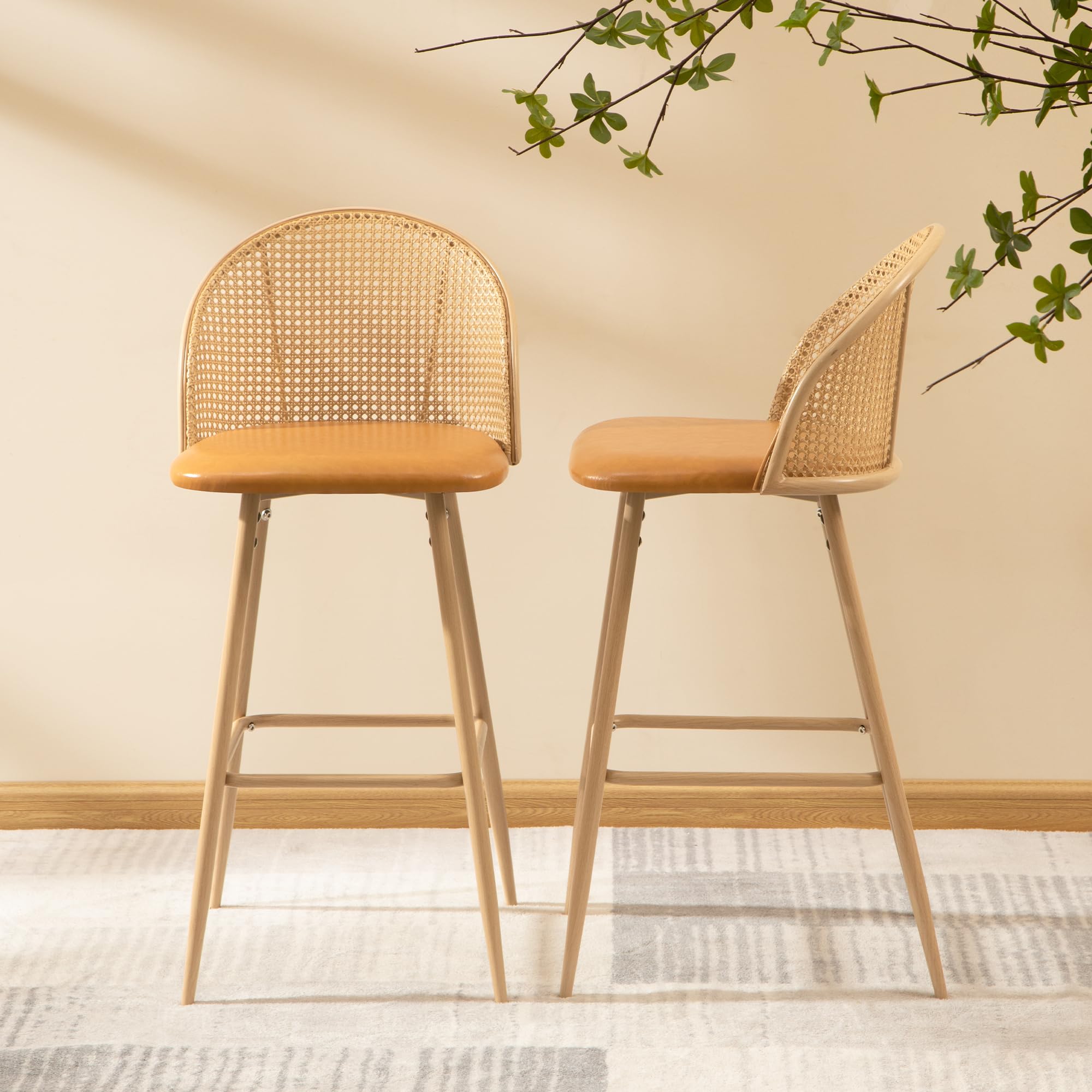 SICOTAS Rattan Bar Stools Set of 2 - Boho Counter Height Barstools - 29" Armless Bar Stools for Kitchen Island - Farmhouse Bar Stools with Back and Leather Cushion - Vintage Design Tall Kitchen Chairs