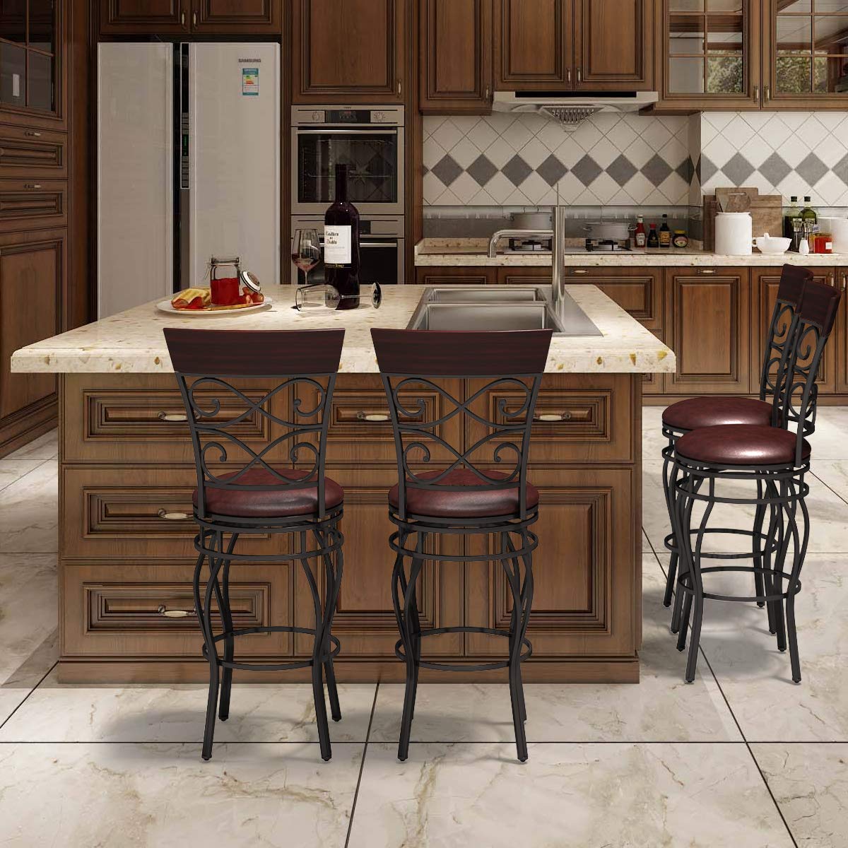 COSTWAY Bar Stools Set of 2, 360 Degree Swivel, 30" Bar Height Bar Stools, Leather Padded Seat Bistro Dining Kitchen Pub Metal Chairs with Back for Kitchen Island (Set of 2)