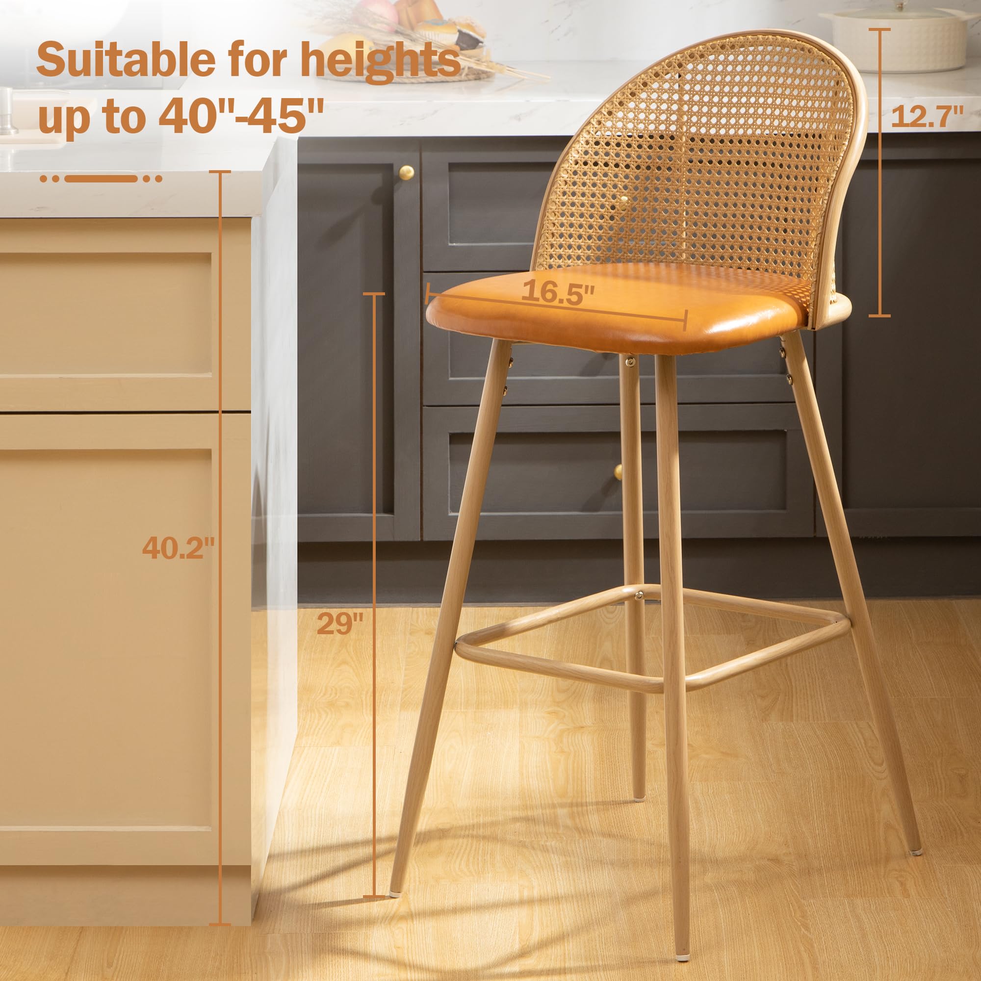 SICOTAS Rattan Bar Stools Set of 2 - Boho Counter Height Barstools - 29" Armless Bar Stools for Kitchen Island - Farmhouse Bar Stools with Back and Leather Cushion - Vintage Design Tall Kitchen Chairs