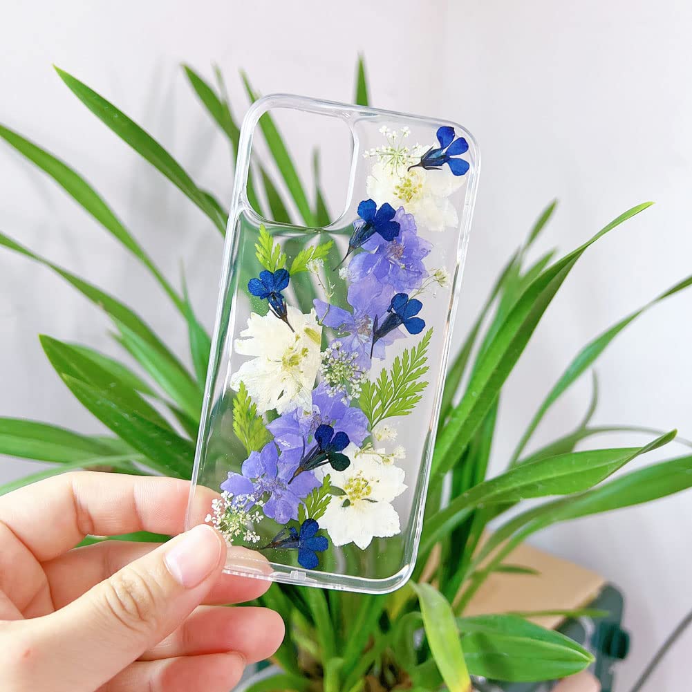 Abbery Designed for iPhone 12 Mini Case Pressed Flower Cute Clear with Design Soft Silicon TPU Rubber Dired Real Flroal Girl Woman Aesthetic Case for iPhone 12 Mini (Navy Flower)