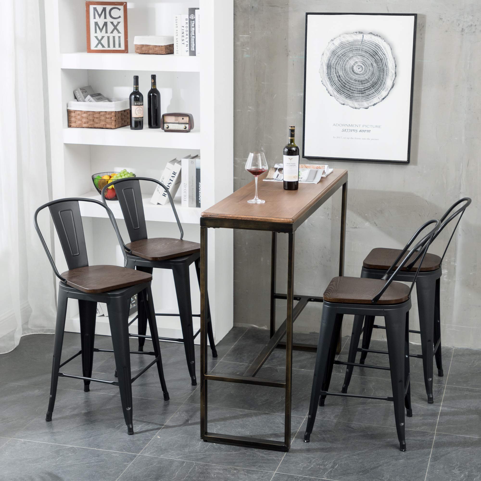 Aklaus Swivel Metal Bar Stools Set of 4 Counter Height Stools Counter Bar Stools with Back Swivel Metal Bar Chairs Wooded Seat 26 Inch Matte Black barstools