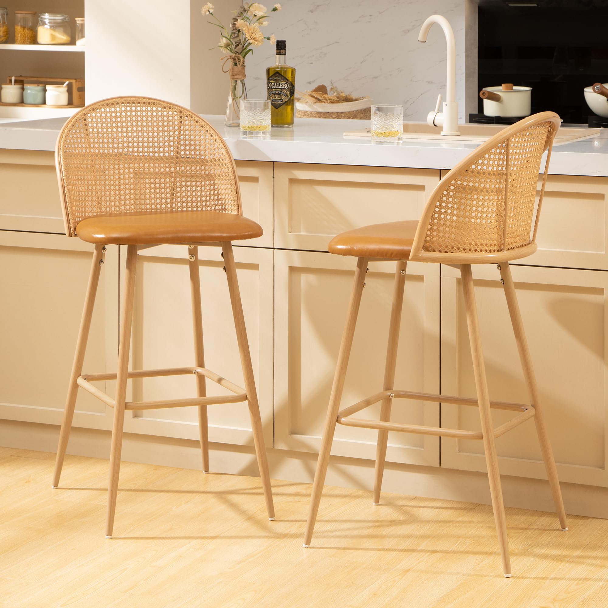 SICOTAS Rattan Bar Stools Set of 2 - Boho Counter Height Barstools - 29" Armless Bar Stools for Kitchen Island - Farmhouse Bar Stools with Back and Leather Cushion - Vintage Design Tall Kitchen Chairs