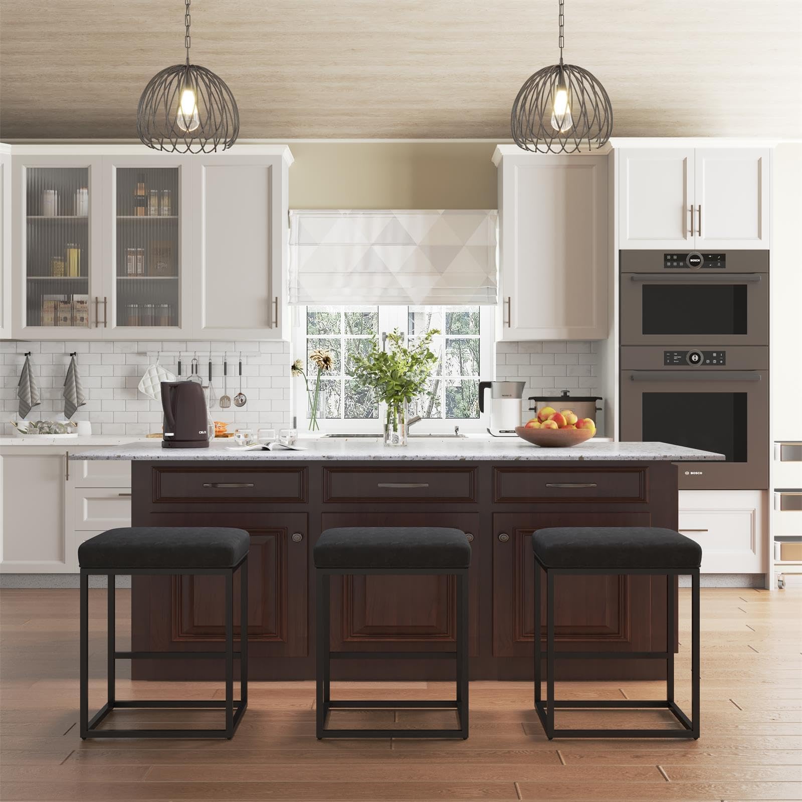 Sophia & William Counter Height 24" Bar Stools Set of 3 Backless Bar Stools for Kitchen Island,Modern PU Leather Square Bar Stools with Metal Steel Frame & Footrest,Black