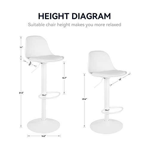 Miereirl Bar Stools Set of 2 Morden Height Counter Bar Stools with Polypropylene Back and Leather Seat,Swivel Adjustable Stool Chair for Home Kitchen Island-White