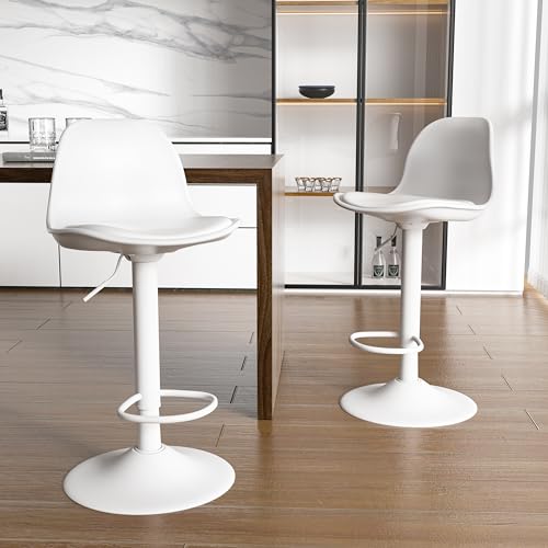 Miereirl Bar Stools Set of 2 Morden Height Counter Bar Stools with Polypropylene Back and Leather Seat,Swivel Adjustable Stool Chair for Home Kitchen Island-White