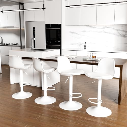 Miereirl Bar Stools Set of 2 Morden Height Counter Bar Stools with Polypropylene Back and Leather Seat,Swivel Adjustable Stool Chair for Home Kitchen Island-White