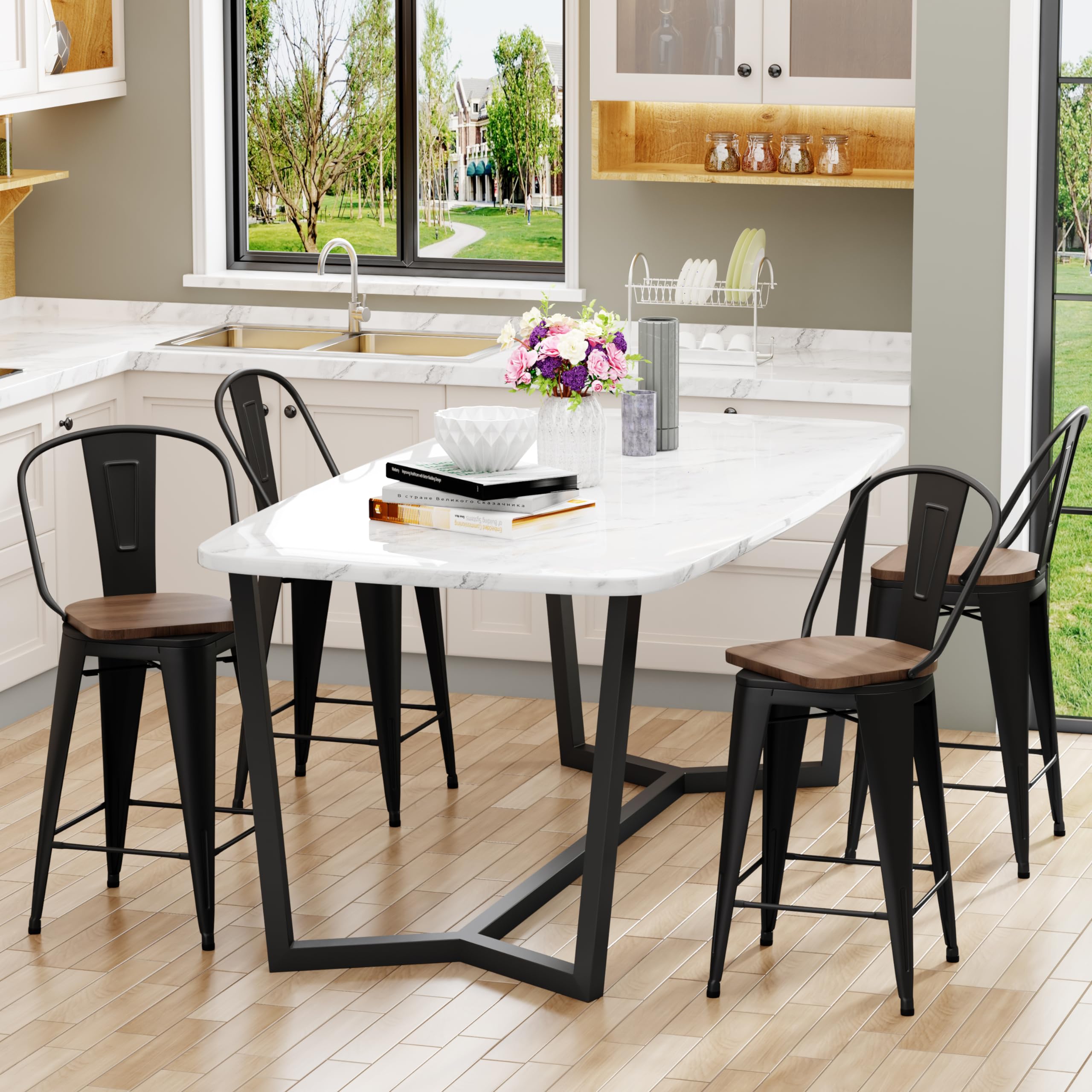 Aklaus Swivel Metal Bar Stools Set of 4 Counter Height Stools Counter Bar Stools with Back Swivel Metal Bar Chairs Wooded Seat 26 Inch Matte Black barstools