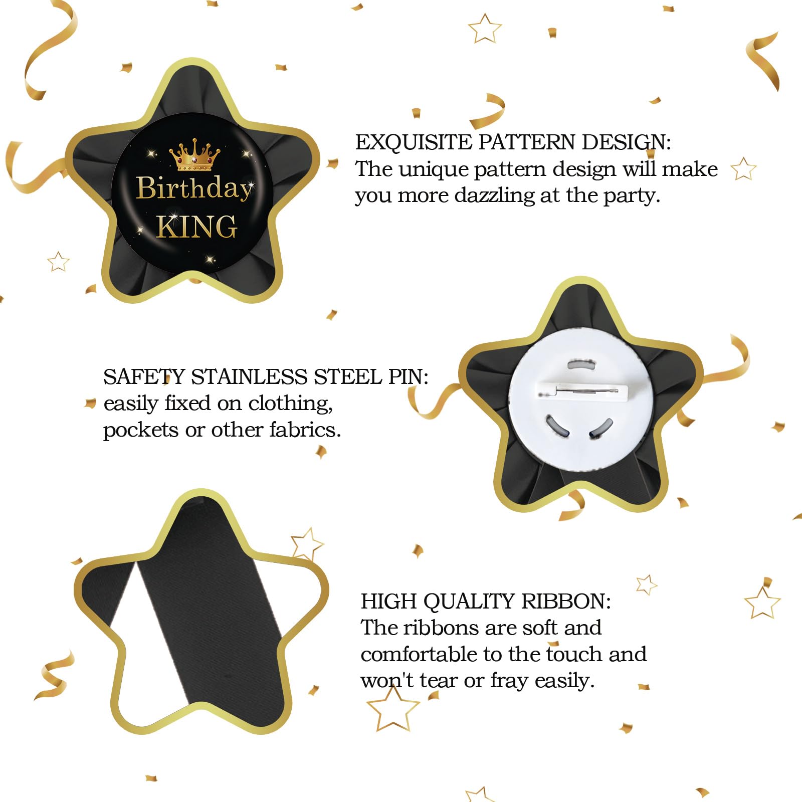 King Tinplate Badge Pin, Black Rosette Birthday King Button for Men Boy, Crown Happy Birthday Award Badge Pin, Kids Party Decorations