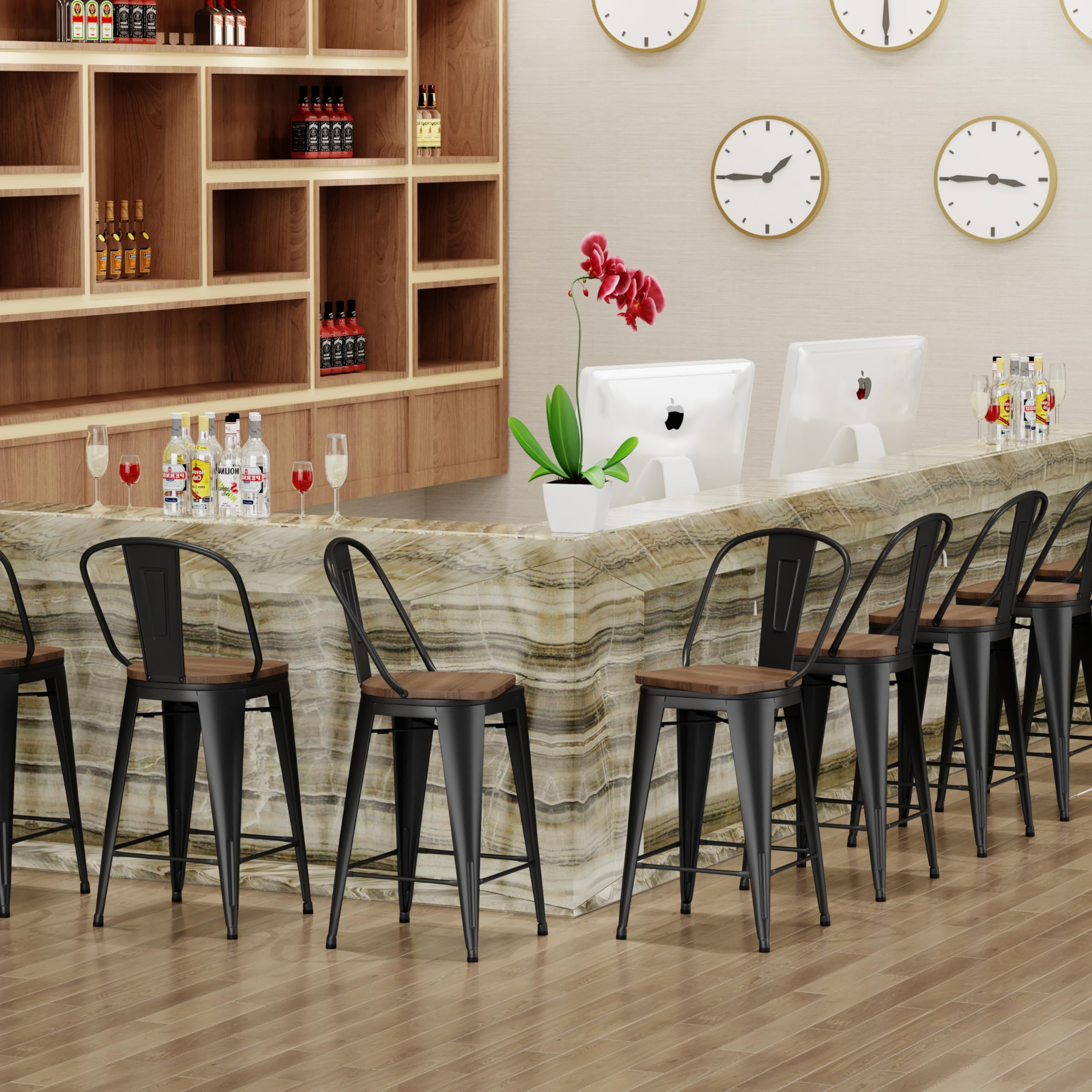 Aklaus Swivel Metal Bar Stools Set of 4 Counter Height Stools Counter Bar Stools with Back Swivel Metal Bar Chairs Wooded Seat 26 Inch Matte Black barstools