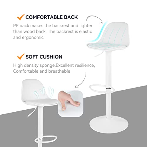 Miereirl Bar Stools Set of 2 Morden Height Counter Bar Stools with Polypropylene Back and Leather Seat,Swivel Adjustable Stool Chair for Home Kitchen Island-White