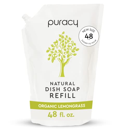 Puracy Natural Dish Soap Refill, Skin-Softening Plant-Based Liquid Dishwashing Detergent Soap, Clean-Rinsing Water-Sheeting Formula, (Organic Lemongrass 48 Oz)
