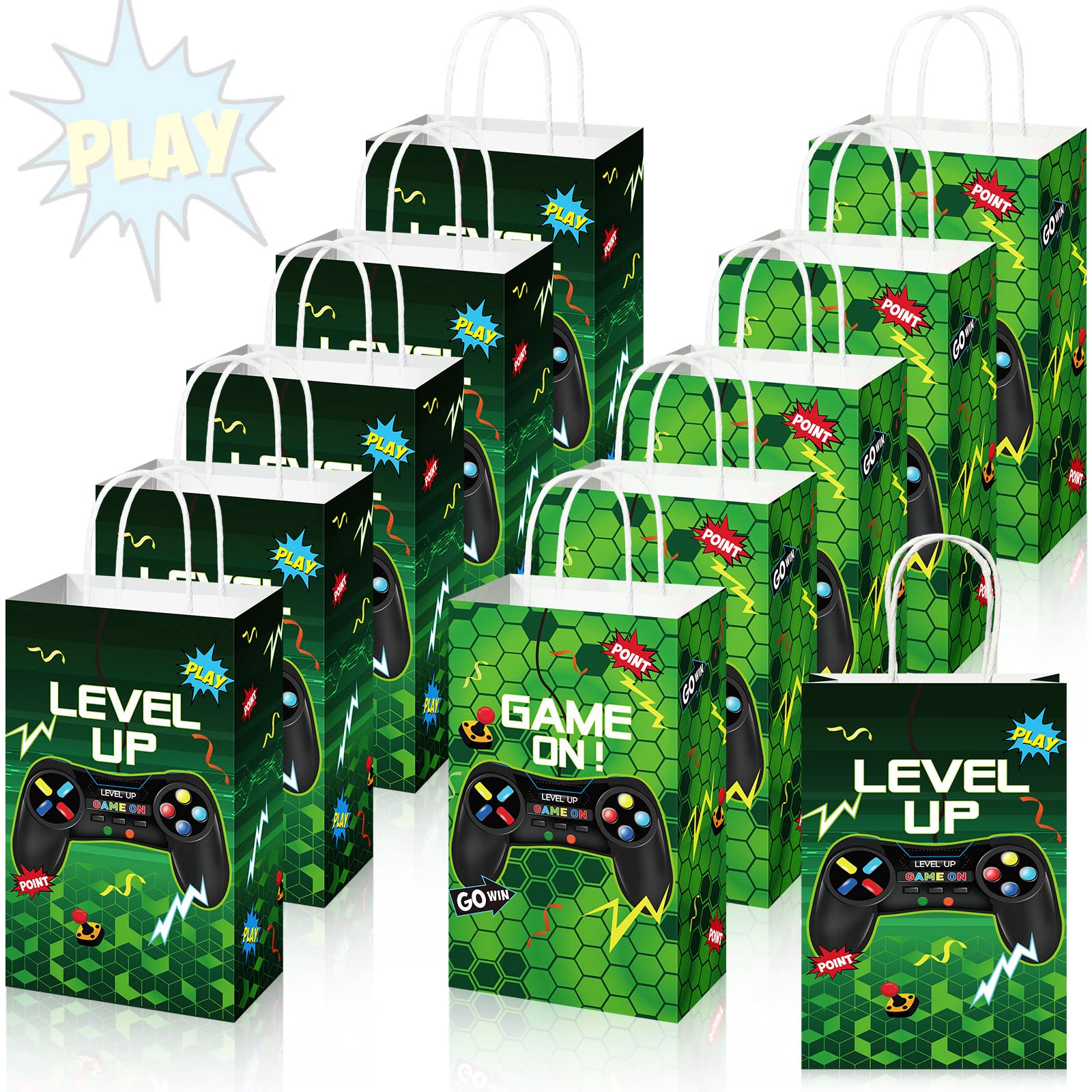 Crtiin 30 Pcs Video Game Party Gift Bags Gamer Theme Party Supplies Level up Game Paper Handbag Goodie Bag with Handle Gaming Party Favors for Girl Boy Birthday Party Decor (Dark Green, Light Green)