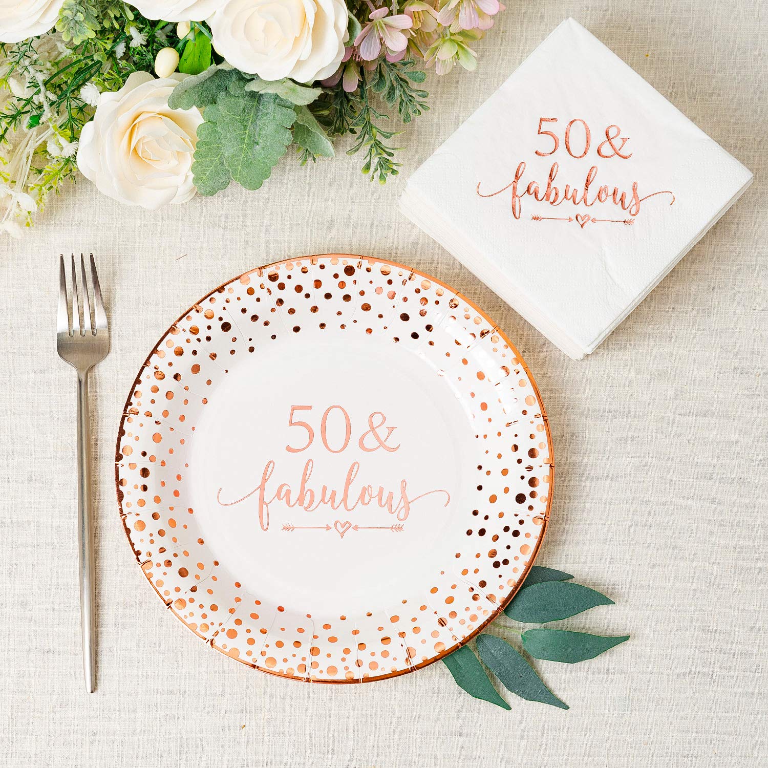 Crisky 50 Fabulous Disposable Plates for Women 50th Birthday Decorations Rose Gold Dessert, Buffet, Cake, Lunch, Dinner Disposable Plates 50th Birthday Party Table Supples, 50 Count, 9 inches