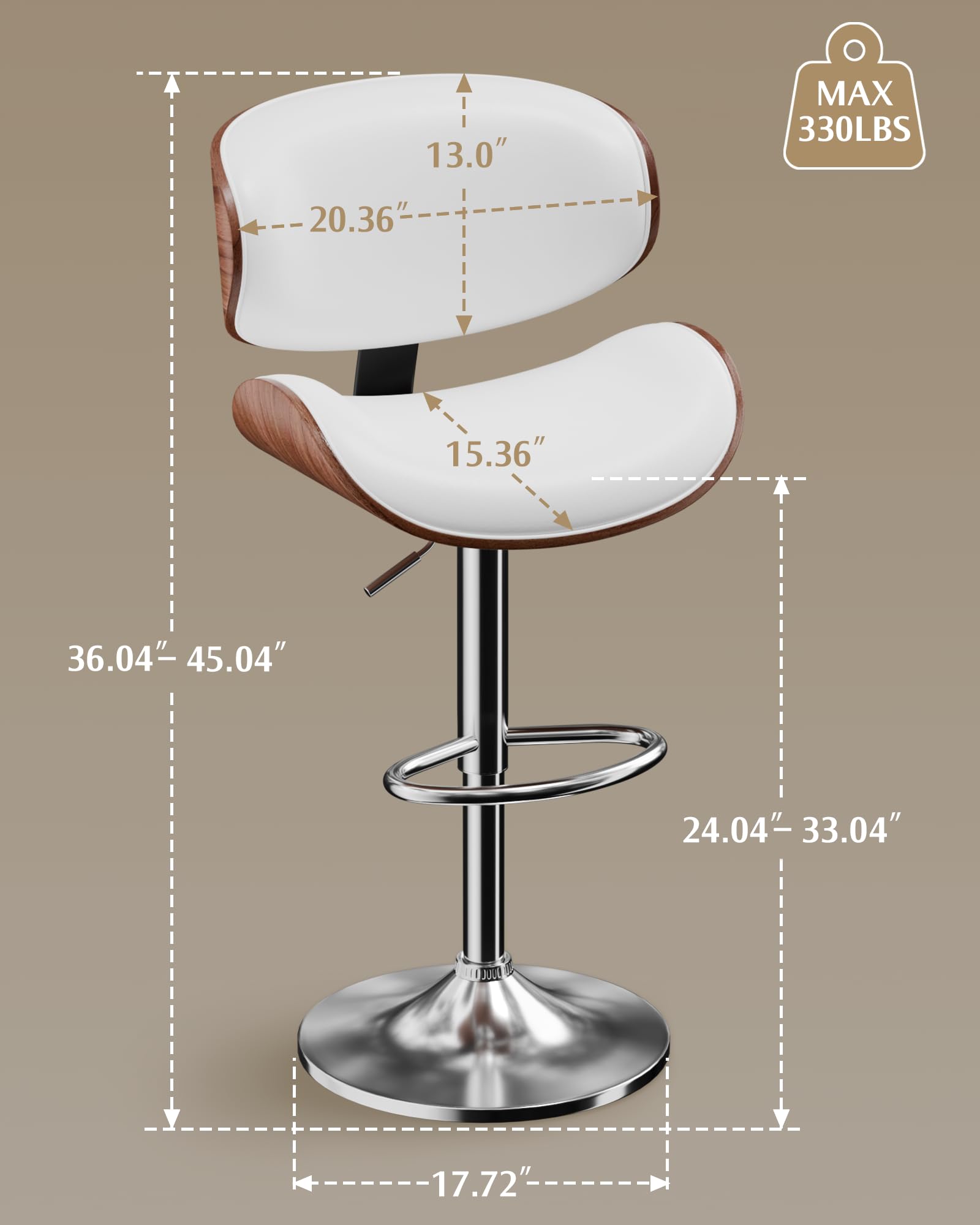 Aowos Bar Stools Set of 4, Adjustable Swivel Leather Bar Stools for Kitchen Island, Mid Century Modern Counter Height Bar Chairs Barstools with Back & Footrest (White)