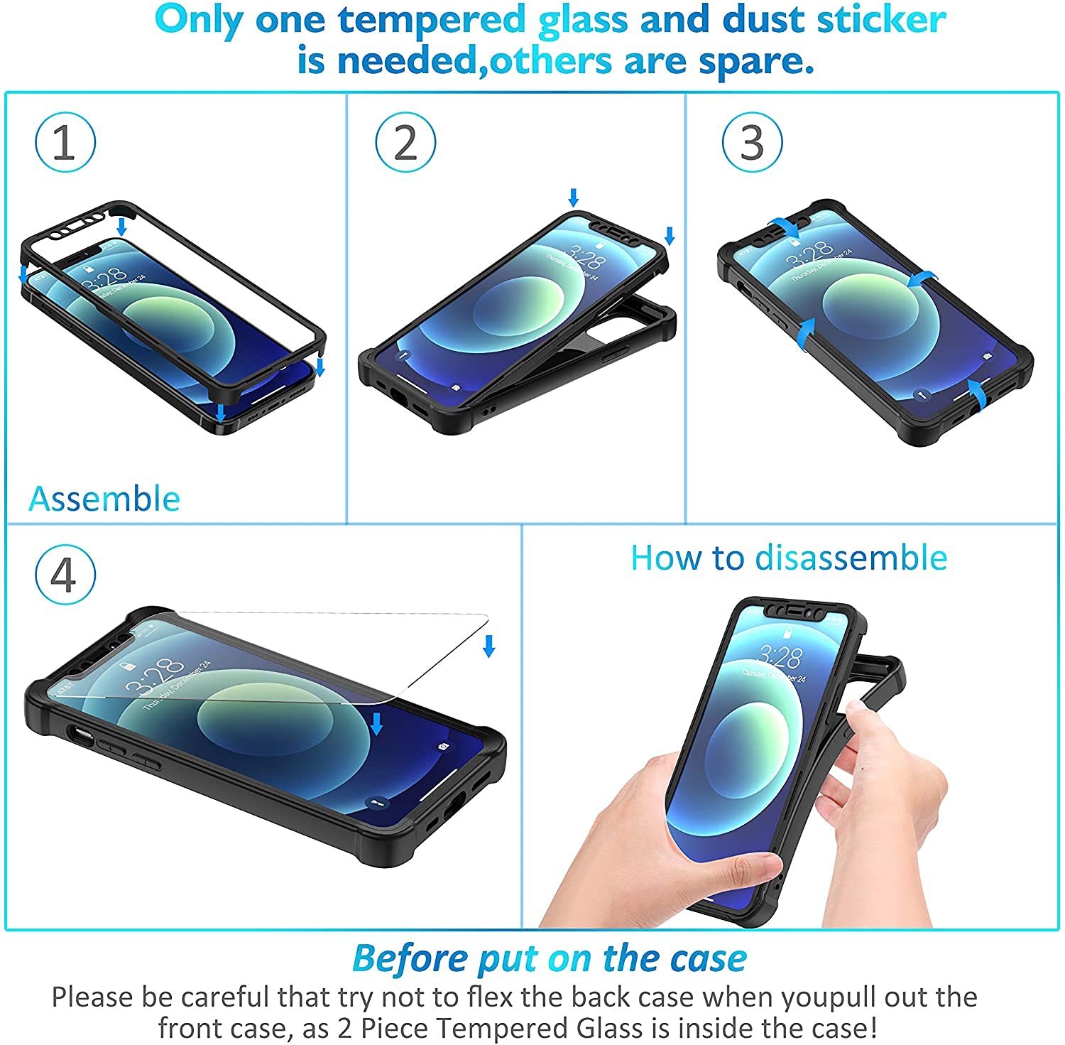 iPhone 12 Mini Case, ORETech Heavy Duty Shockproof Cover with 2 Tempered Glass Screen Protectors - 5.4" Black
