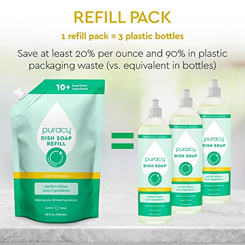 Puracy Natural Dish Soap Refill, Skin-Softening Plant-Based Liquid Dishwashing Detergent Soap, Clean-Rinsing Water-Sheeting Formula, (Organic Lemongrass 48 Oz)