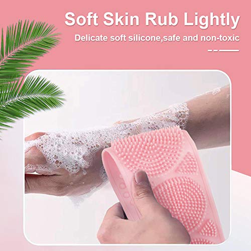 Silicone Body Scrubber,Bath Body Brush for Shower,Exfoliating Dual Side Scrubby Buddy,New Version 2020 Easy to Clean Long Hygienic Washer for Men and Women,Deep Cleaning Massage Scrubbers (Pink)
