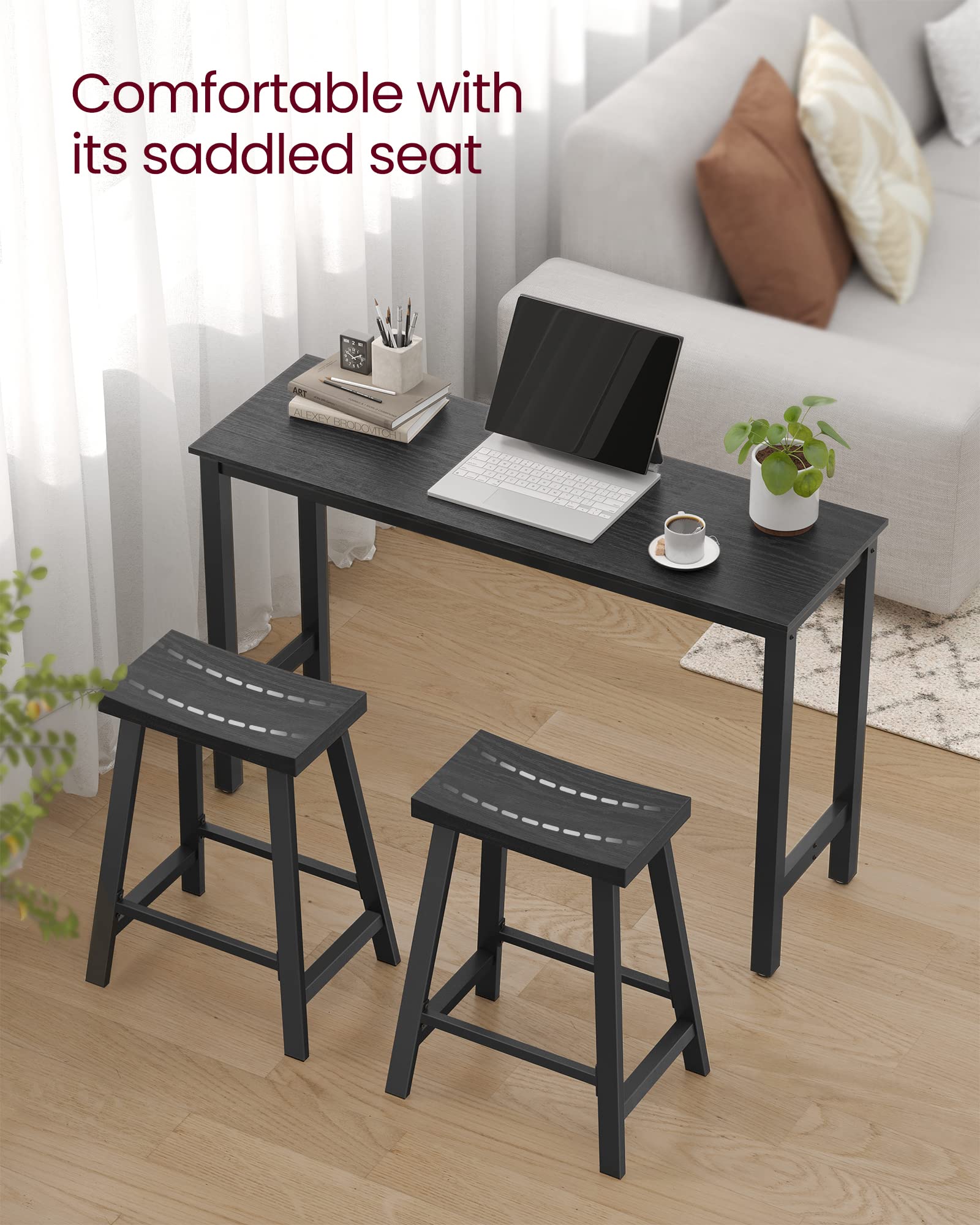 VASAGLE Bar Stools, Set of 2 Bar Chairs, Kitchen Breakfast Bar Stools with Footrest, 23.6 Inches High, Industrial in Living Room, Party Room, Black ULBC074B56