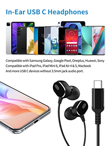 USB C Headphones Wired Earphones HiFi Stereo Type C Earbuds Noise Canceling in-Ear Headset with Mic Volume Control Bass for Samsung S23 S22 Ultra S21 FE S20 A53 Fold4 Pixel 7 6 6a 5 iPad Pro MacBook