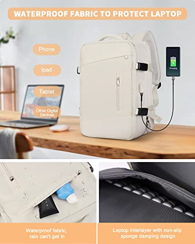 Large Travel Backpack for Women Carry On Airline Flight Approved Expandable Work Personal Item size Backpack Bag with Laptop compartment for College Men Hiking Waterproof Mochila de Viaje Beige