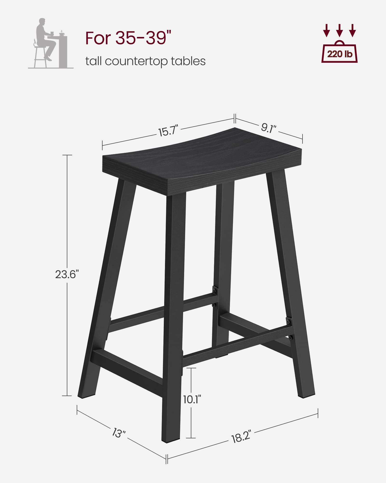 VASAGLE Bar Stools, Set of 2 Bar Chairs, Kitchen Breakfast Bar Stools with Footrest, 23.6 Inches High, Industrial in Living Room, Party Room, Black ULBC074B56