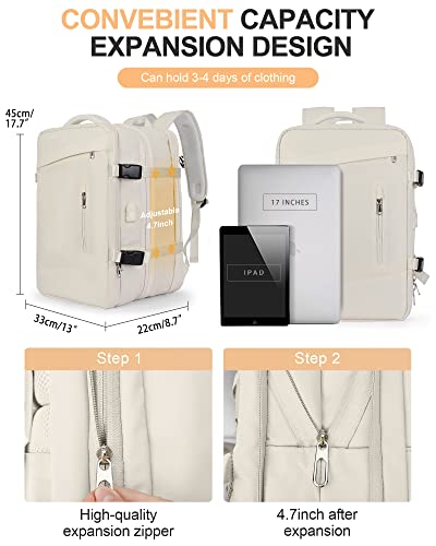 Large Travel Backpack for Women Carry On Airline Flight Approved Expandable Work Personal Item size Backpack Bag with Laptop compartment for College Men Hiking Waterproof Mochila de Viaje Beige