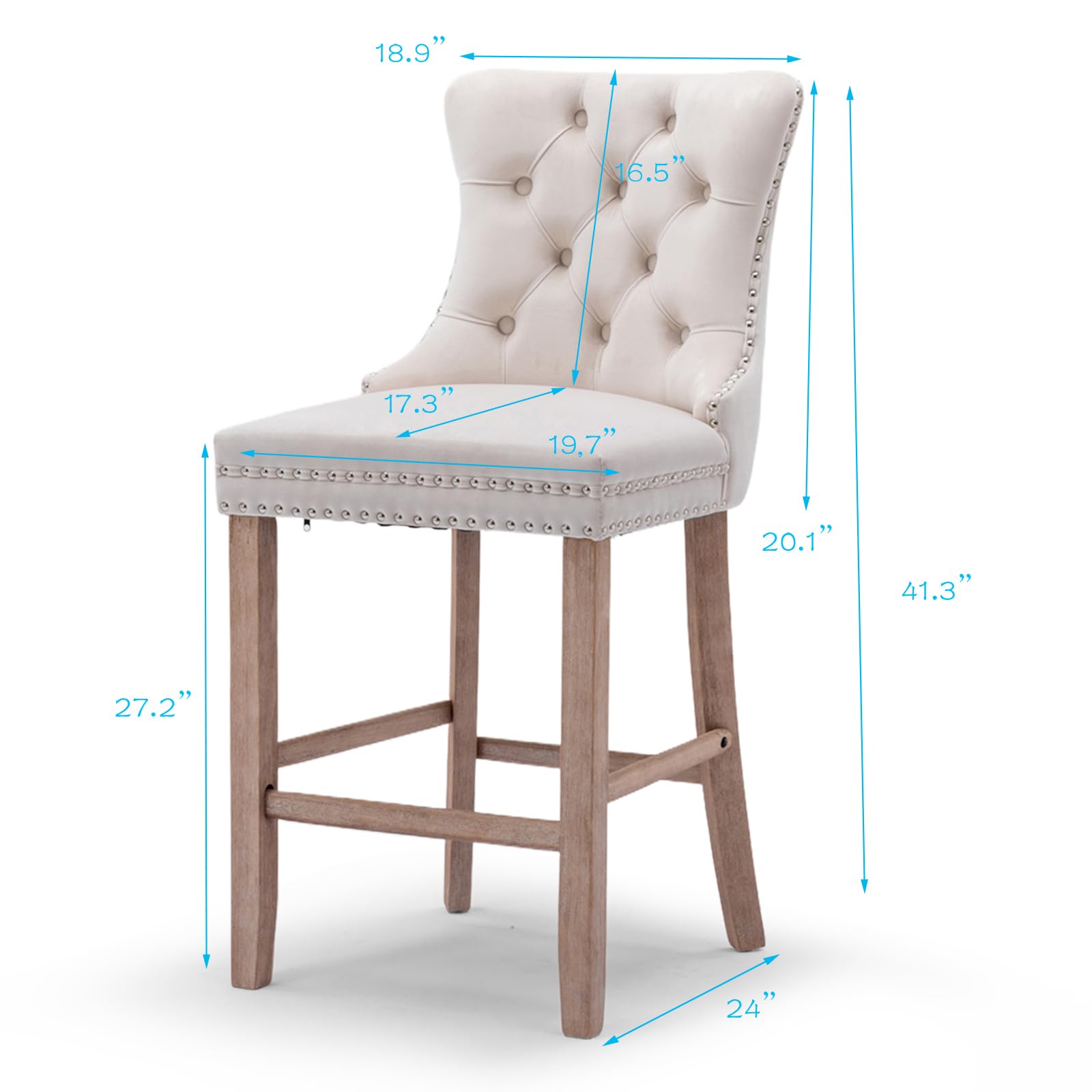 JETEAGO Bar Stools Set of 4, Velvet Upholstered Bar Stool for Kitchen Island, Counter Stools with Nailhead Trim, Beige