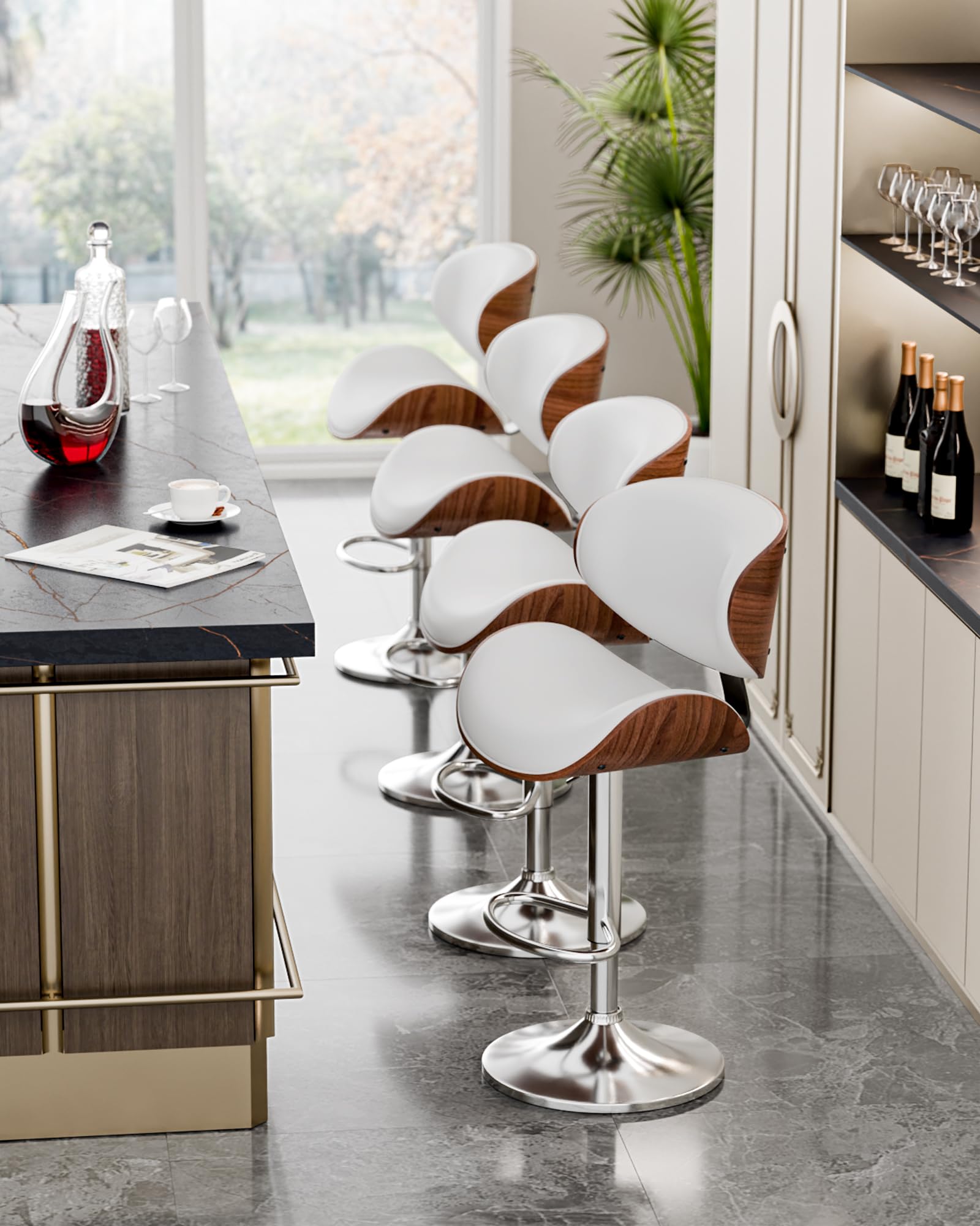 Aowos Bar Stools Set of 4, Adjustable Swivel Leather Bar Stools for Kitchen Island, Mid Century Modern Counter Height Bar Chairs Barstools with Back & Footrest (White)