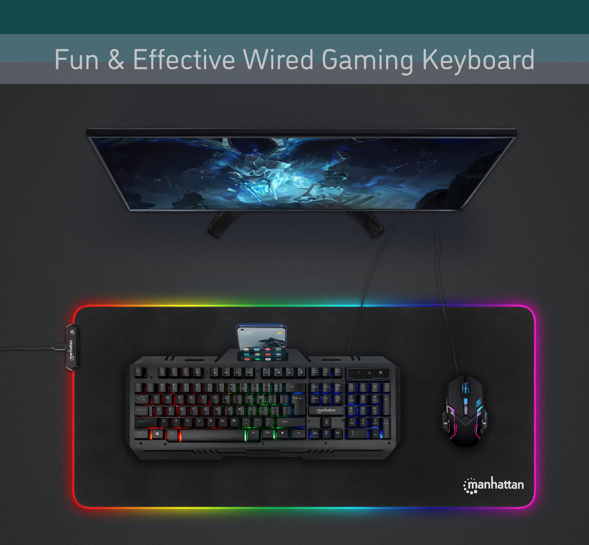 Manhattan Wired Membrane Gaming Keyboard –with Backlit RGB LED, Metal Base, IPX4 Splashproof, Phone Holder, 12 Multimedia Function Quiet Keys-for Computer, PC, Desktop, Gamer –3 Yr Mfg Warranty–180610