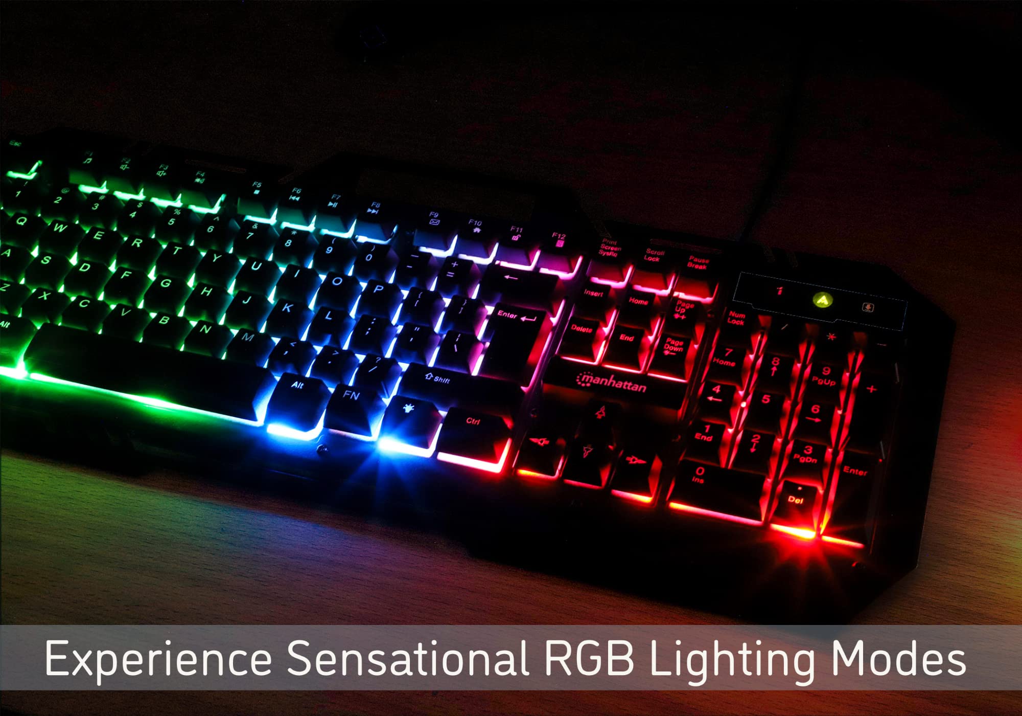 Manhattan Wired Membrane Gaming Keyboard –with Backlit RGB LED, Metal Base, IPX4 Splashproof, Phone Holder, 12 Multimedia Function Quiet Keys-for Computer, PC, Desktop, Gamer –3 Yr Mfg Warranty–180610