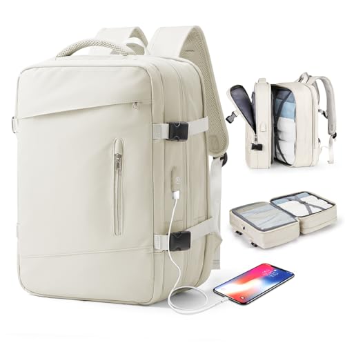 Large Travel Backpack for Women Carry On Airline Flight Approved Expandable Work Personal Item size Backpack Bag with Laptop compartment for College Men Hiking Waterproof Mochila de Viaje Beige