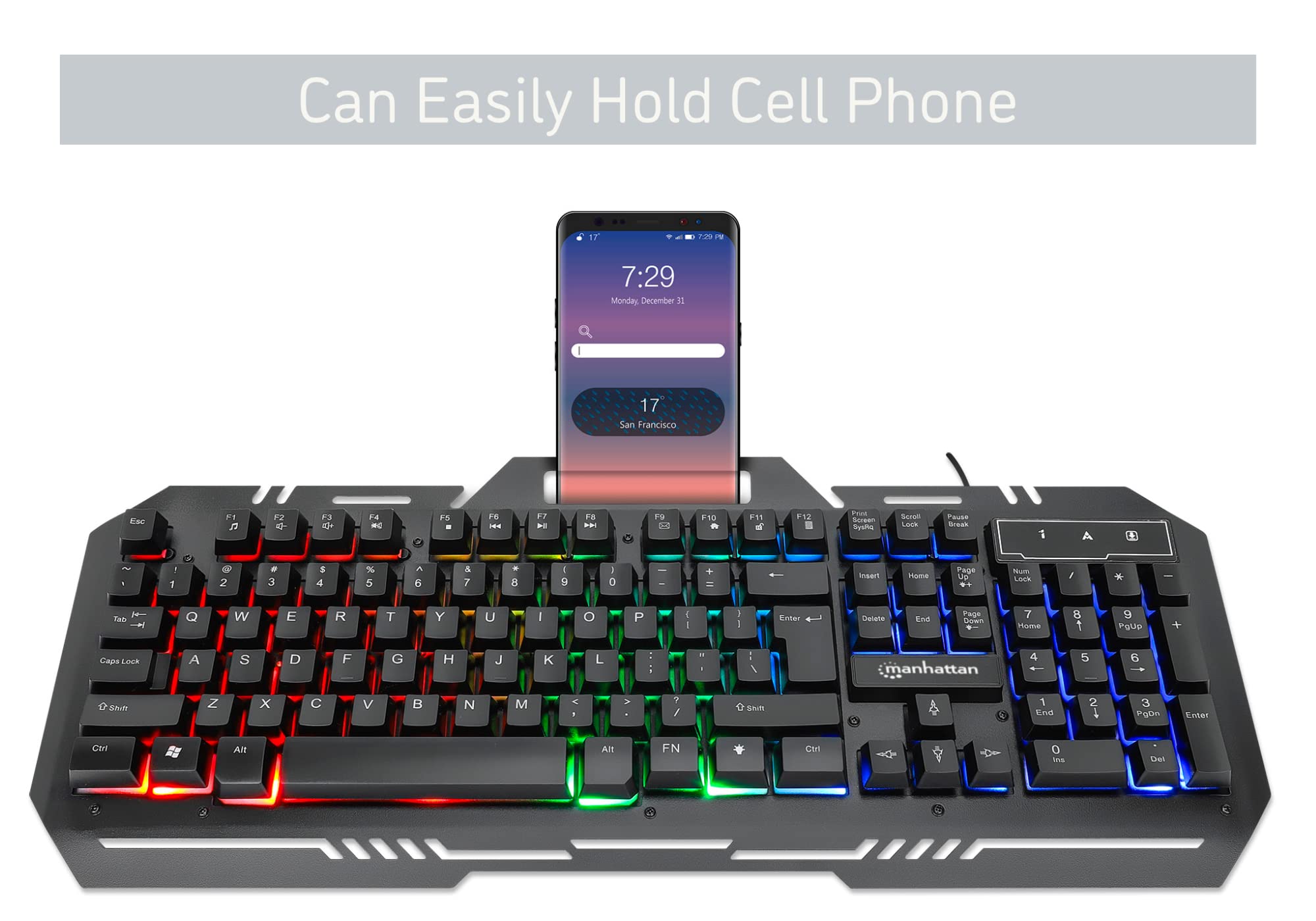 Manhattan Wired Membrane Gaming Keyboard –with Backlit RGB LED, Metal Base, IPX4 Splashproof, Phone Holder, 12 Multimedia Function Quiet Keys-for Computer, PC, Desktop, Gamer –3 Yr Mfg Warranty–180610